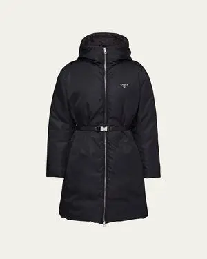 Prada Re-nylon Hooded Down Belted Jacket - Nero