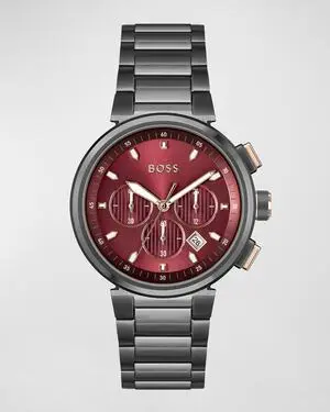 Hugo Boss Men's One Chronograph Grey-plated Bracelet Watch, 44mm - Red
