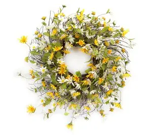 MELROSE Yellow & White Daisy Twig Wreath 24'd - One-color