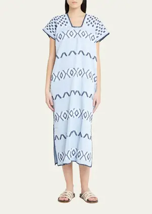 PIPPA HOLT Single Panel Midi Kaftan In Baby Blue With Navy Embroidery - Blue