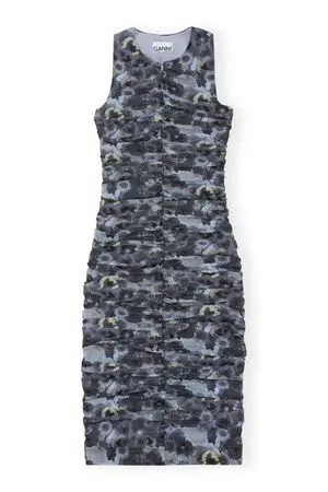 GANNI Printed Ruched Mesh Midi Dress - Blue
