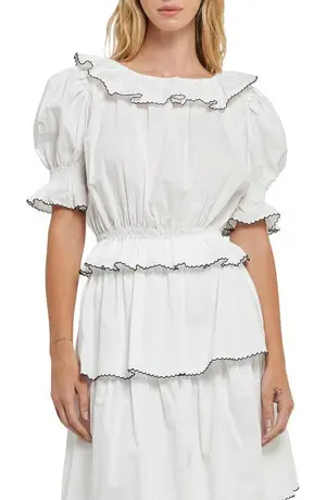English Factory Picot Stitch Ruffle Poplin Top