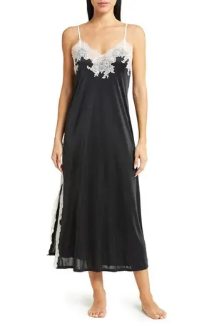 Natori Enchant Lace Trim Nightgown - Black W/ivory Lace