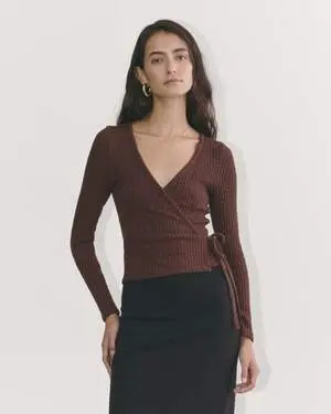 Everlane Cozy Ribbed Wrap Top - Dark Mahogany