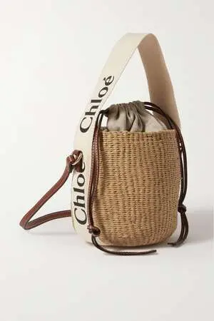 Chloé Woody Small Leather-trimmed Raffia Basket Bag
