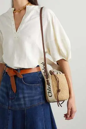 Chloé Woody Small Leather-trimmed Raffia Basket Bag