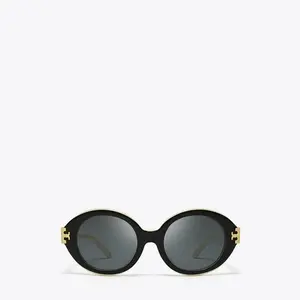 Tory Burch Eleanor Oval Sunglasses - Black/ivory/dark Grey Solid
