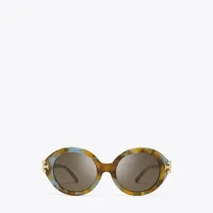 Tory Burch Eleanor Oval Sunglasses - Blue Honey Tortoise/dark Brown
