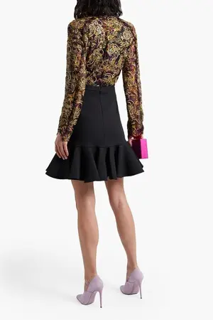 GIAMBATTISTA VALLI Ruffled Metallic Embroidered Printed Silkchiffon Top