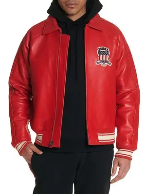 AVIREX Men's Icon Leather Jacket - Jet Black  - Salvage Red