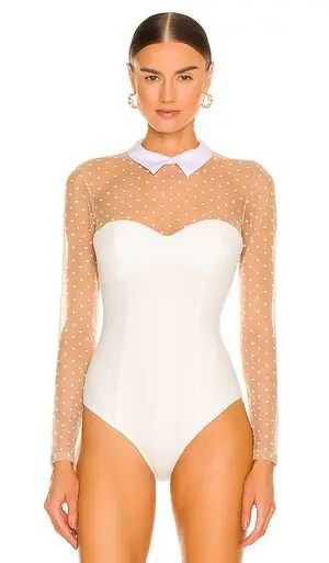 FLEUR DU MAL Collared Dotted Tulle Bodysuit - Ivory