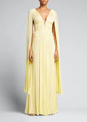 J. Mendel Pleated Crepe De Chine Column Gown W/ Cape - Daffodil |  Editorialist