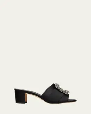 Manolo Blahnik Marta Crystal Buckle Silk Sandals - Black