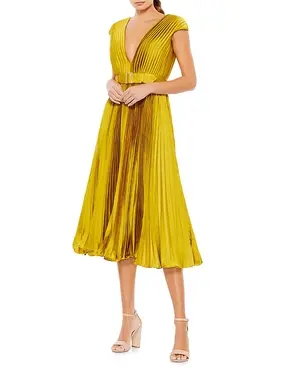 Mac Duggal Pleated Midi Dress - Chartreuse