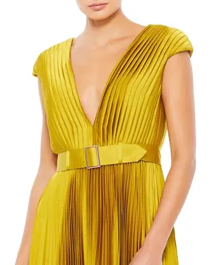 Mac Duggal Pleated Midi Dress - Chartreuse