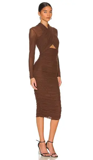 Bardot Aliyah Ruched Mesh Halterneck Dress - Chocolate