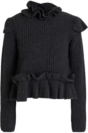 GANNI Cutout Ruffled Ribbed Woolblend Sweater - Charcoal