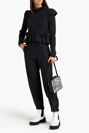 GANNI Cutout Ruffled Ribbed Woolblend Sweater