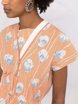 Kenzo Graphic-floral Print Gingham Midi Dress - Orange