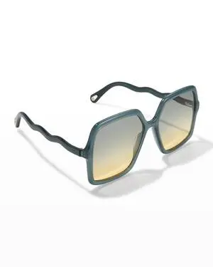 Chloé Wavy Rectangle Acetate Sunglasses 004 Shiny Opal Bl
