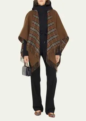 Burberry Reversible Check Wool Cape Dark Birch Brown