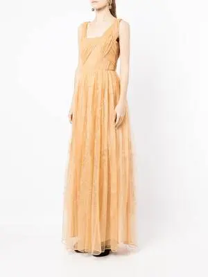 Alberta Ferretti Embroidered Motif Pleated Gown