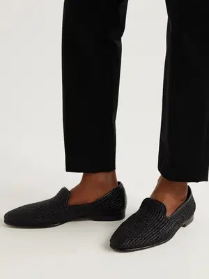 Manolo Blahnik Mario Leather-trimmed Raffia Loafers - Black