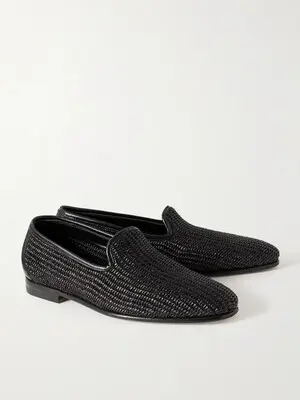 Manolo Blahnik Mario Leather-trimmed Raffia Loafers - Black
