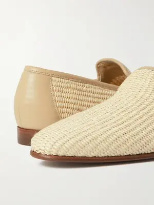 Manolo Blahnik Mario Leather-trimmed Raffia Loafers - Neutrals