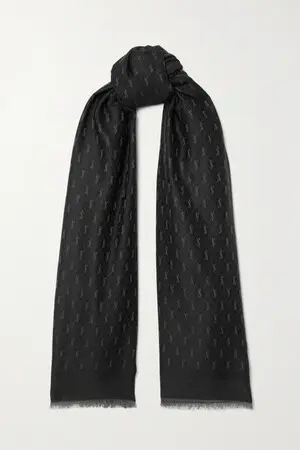 Saint Laurent Fringed Wool, Cotton And Silk-blend Jacquard Scarf