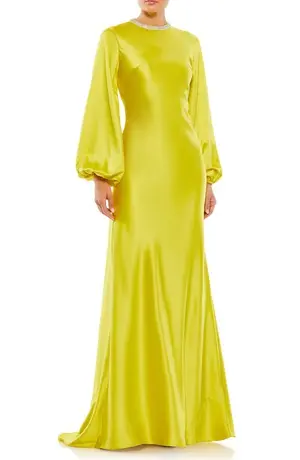 Mac Duggal Mac Duggal Long Sleeve Satin Sheath Gown Chartreuse