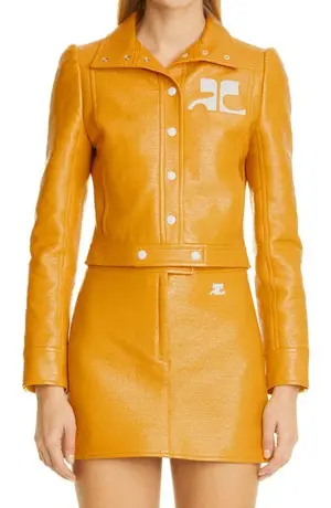COURREGES Courrèges Logo Patch Coated Crop Jacket Ochre