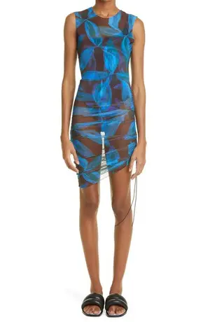 LOUISA BALLOU Heatwave Ruched Mesh Dress Blue Orchid