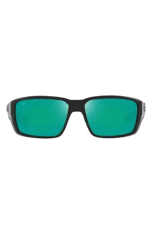 COSTA DEL MAR Costa Del Mar 60mm Polarized Rectangle Sunglasses Matte Black/ Green Mirrored