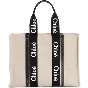 Chloé Large Woody Logo Strap Canvas Tote Beige/black