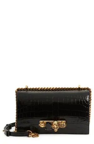 Alexander McQueen Jeweled Knuckle Croc Embossed Bag - Black