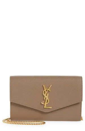 Saint Laurent Uptown Pebbled Calfskin Wallet-On-Chain 2346 Taupe