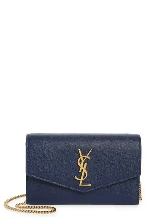 Saint Laurent Uptown Pebbled Calfskin Wallet-On-Chain Blue Charron