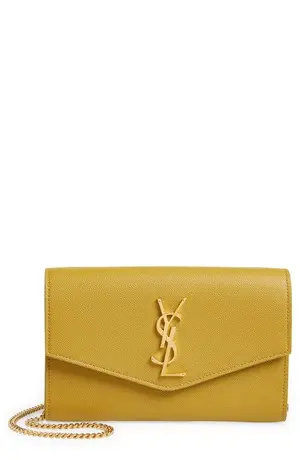 Saint Laurent Uptown Pebbled Calfskin Wallet-On-Chain Chartreuse