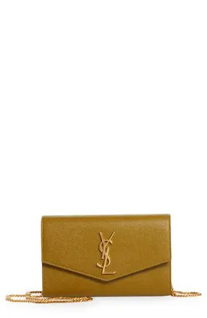Saint Laurent Uptown Pebbled Calfskin Wallet-On-Chain Olive Drab