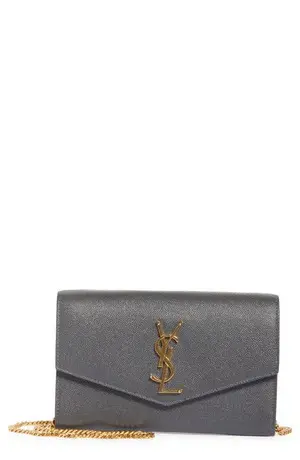 Saint Laurent Uptown Pebbled Calfskin Wallet-On-Chain Storm