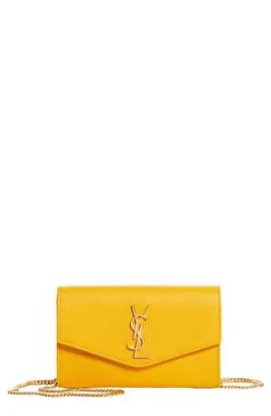 Saint Laurent Uptown Pebbled Calfskin Wallet-On-Chain Yellow Fever