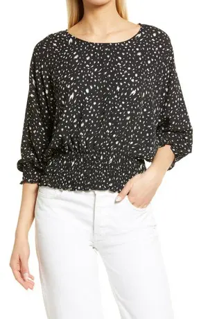 Vince Camuto Abstract Animal Print Smocked Waist Top