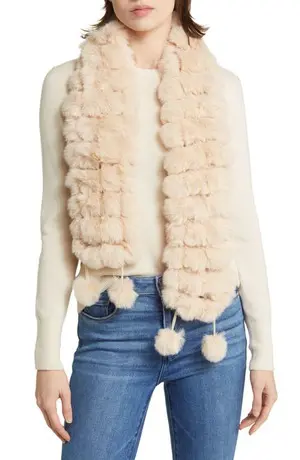 La Fiorentina Faux Fur Pompom Muffler Scarf - Beige