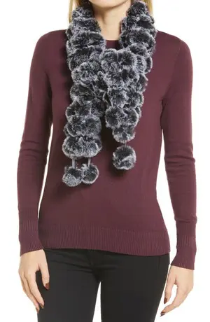 La Fiorentina Faux Fur Pompom Muffler Scarf - Black/snow