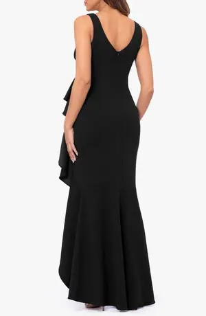 Betsy & Adam V-neck Ruffle High-low Gown - Black