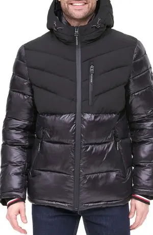 Tommy Hilfiger Contrast Hooded Puffer Jacket - Black