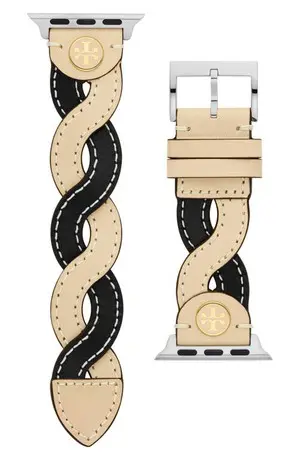 Tory Burch Braided Leather Apple Watch® Band - Black/ White