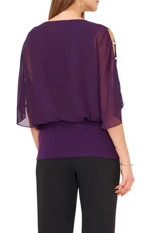 Chaus Split Sleeve Rhinestone Blouse - Luxe Plum