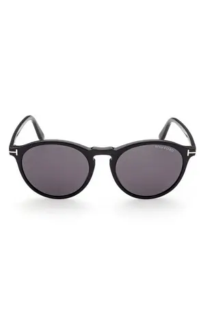 TOM FORD 52mm Polarized Round Sunglasses Shiny Black/ Smoke